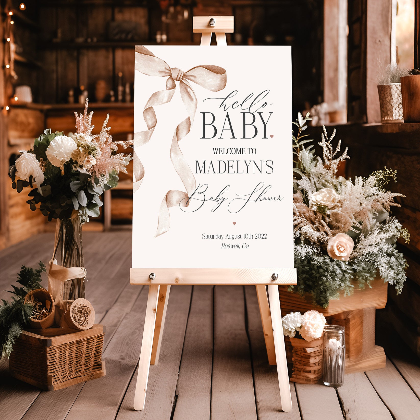 Beige Bow Baby Shower Welcome Sign Printable Template – Wilde Peach Party
