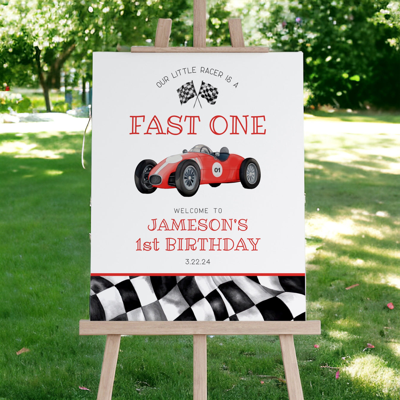 Red Race Car First Birthday Fast ONE Welcome Sign template – Wilde ...