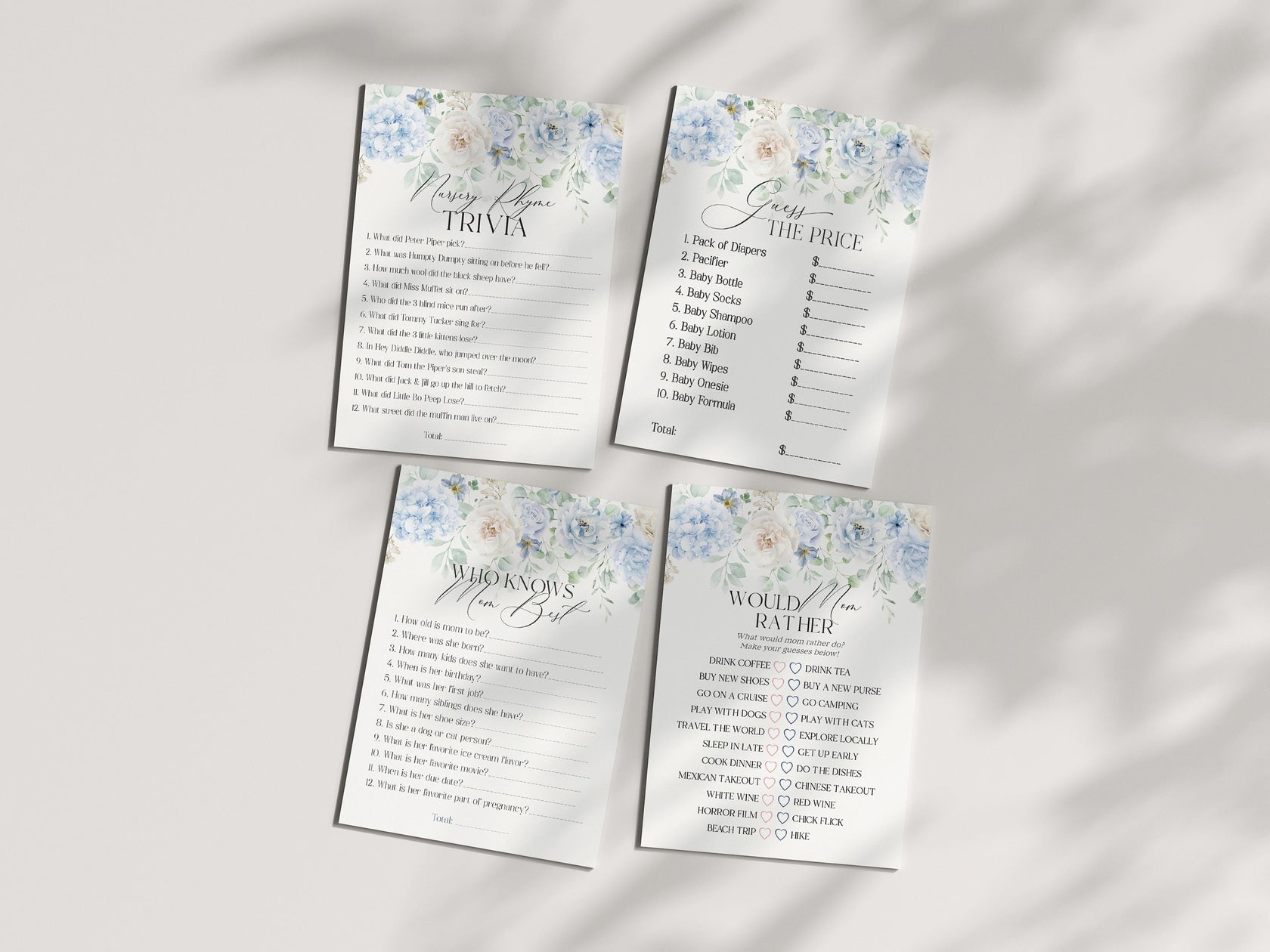Blue Floral Baby Shower Games Set Printable Template – Wilde Peach Party