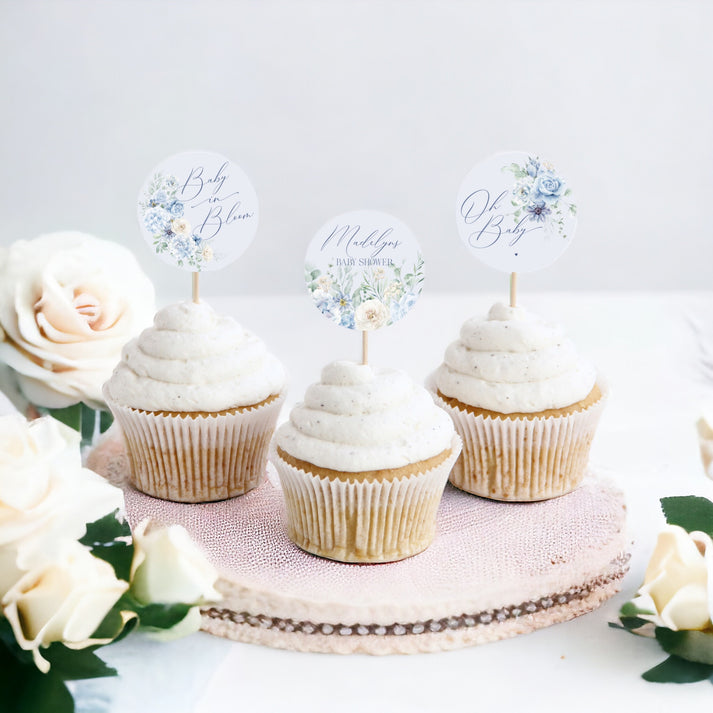 Blue Floral Baby Shower Cupcake Toppers Printable Template – Wilde ...