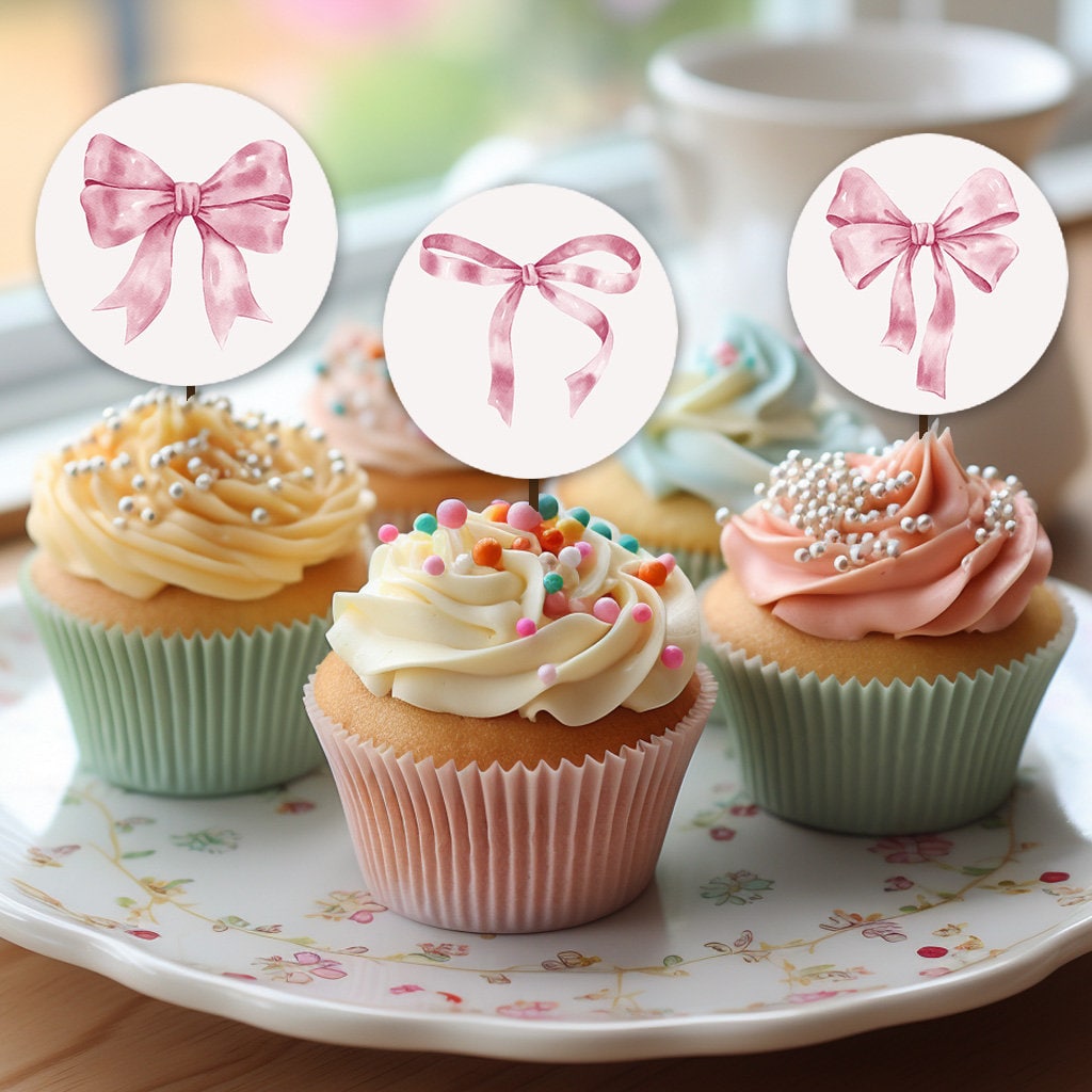 Pink Bow Cupcake Toppers Printable for Baby Birthday and Bridal Shower ...